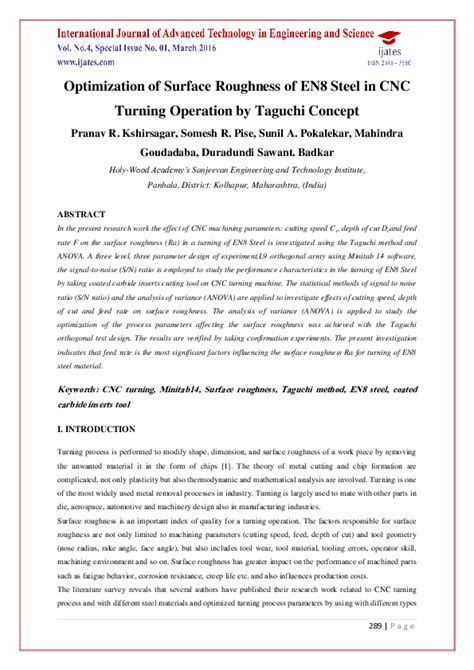 Pdf Optimization Of Surface Roughness Of En8 Steel In Cnc Turning Operation By Taguchi Concept