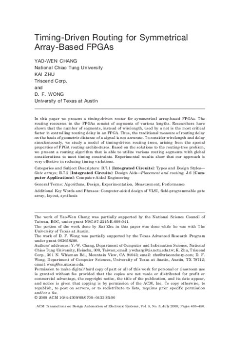 Pdf Timing Driven Routing For Symmetrical Array Based Fpgas
