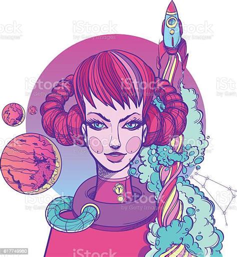 Girl Symbolizes The Zodiac Sign Aries Pastel Goth Portrait向量圖形及更多人的臉部圖片