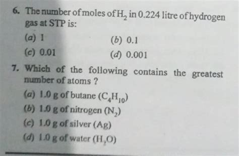 The Number Of Moles Of H2 In 0 224 Litre Of Hydrogen Gas At Stp Is