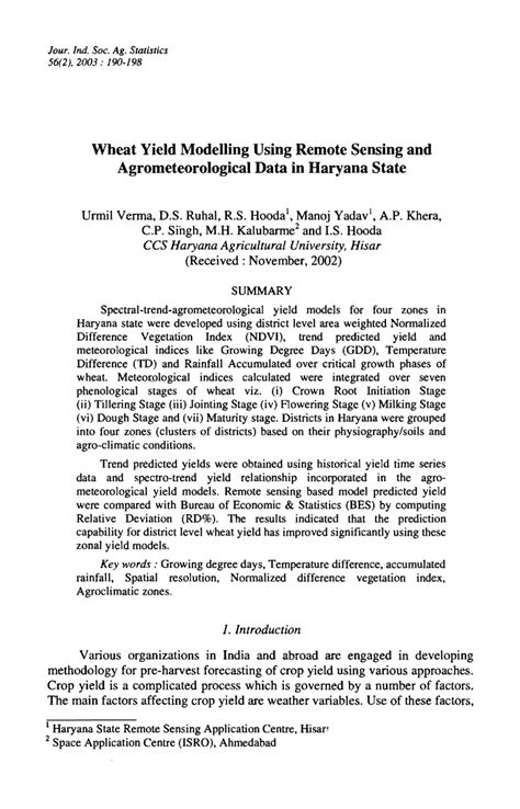 Pdf Wheat Yield Modelling Using Remote Sensing And Agrometeorological