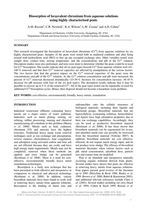Pdf Biosorption Of Hexavalent Chromium From Aqueous Solutions Using Highly Characterised Peats