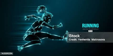검은 배경에 달리기 선수의 추상적 인 실루엣 주자 여성은 스프린트 또는 마라톤을 달리고 있습니다 벡터 일러스트 레이 션 3차원 형태에 대한 스톡 벡터 아트 및 기타 이미지