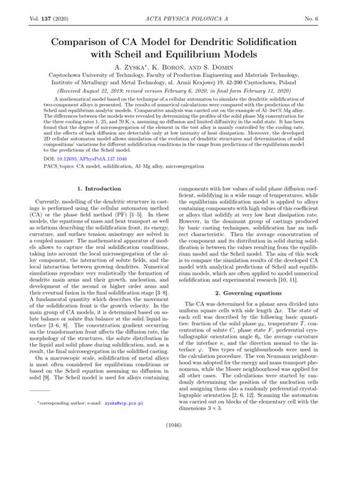 Pdf Comparison Of Ca Model For Dendritic Solidification With Scheil And Equilibrium Models