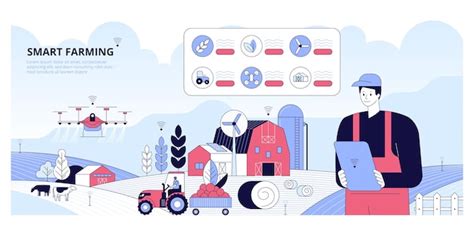 스마트 농업 및 디지털 농업 Iot 모바일 앱으로 산업 농장을 관리하는 농부 프리미엄 벡터