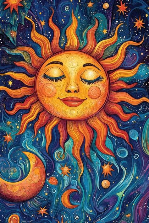 Sun And Moon Art This Vibrant Illustration Features Whimsical Sun And