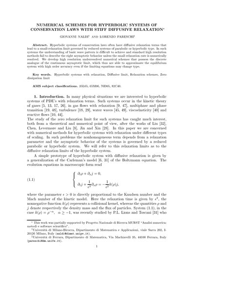 Pdf Numerical Schemes For Hyperbolic Systems Of Conservation Laws With Stiff Diffusive Relaxation