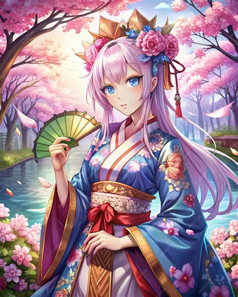 Beautiful Elegant Anime Girl In Traditional Kimono Illustration