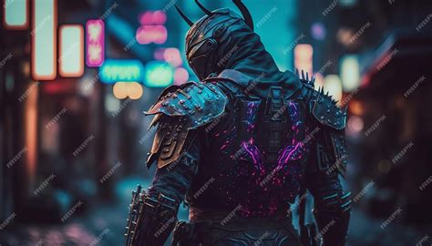 Sci Fi Cyberpunk Samurai Na Cidade Cyberpunk Com Luzes De Néon