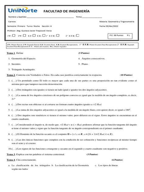Primer Examen Parcial Geometría Y Trigonometría Sección A Pdf