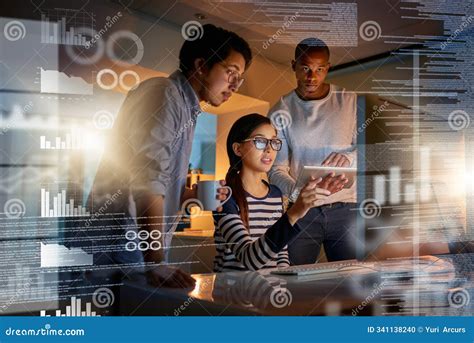 Programmer Graphs And Dashboard Overlay At Night With Staff And