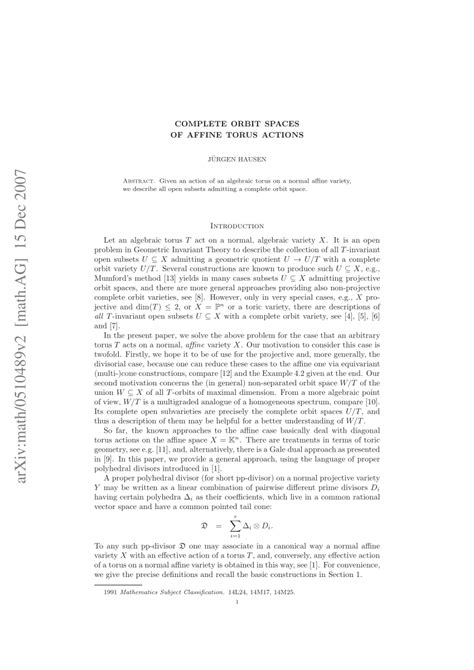 Pdf Complete Orbit Spaces Of Affine Torus Actions