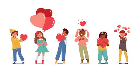하트와 풍선을 손에 들고 있는 어린 아이들 사랑 자기 사랑 파티 축하 기부의 개념 Charity Benefit에 대한 스톡 벡터