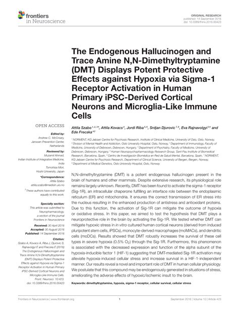 Dmt Displays Potent Protective Effects Against Hypoxia Via Sigma 1 Receptor Activation In Human