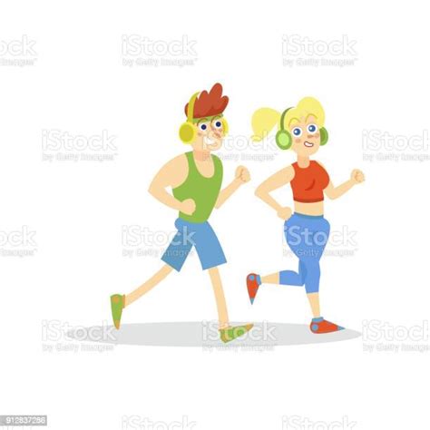 젊은 남자와 여자 운동복 활성 건강 한 생활 만화 벡터 일러스트 레이 션에서에서 실행 하는 헤드폰 건강한 생활방식에 대한 스톡