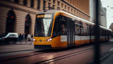 Yellow Tram With Motion Blur Effect Moves Fast In The City High Speed
