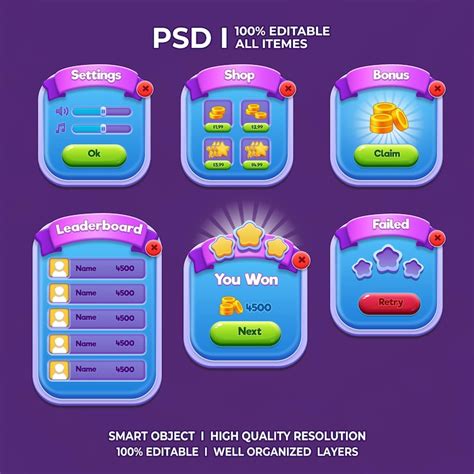 Premium Psd Game Ui Kit 2d Game Ui User Interface Casual Game Ui Ui