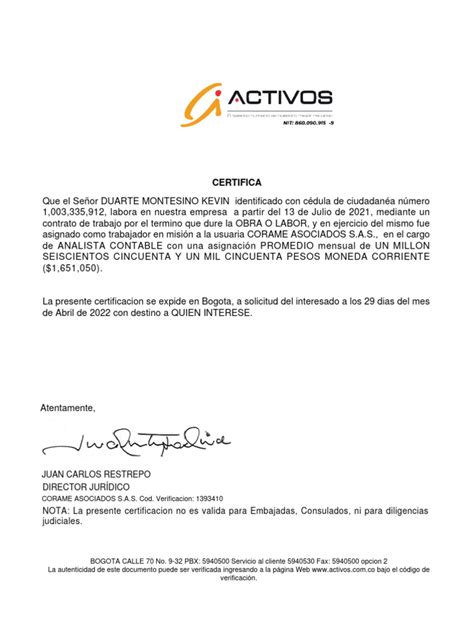 7certificado Labora Activos Kevin Duarte Montesino Pdf Negocios