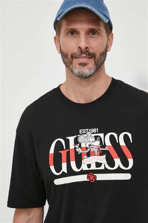 Guess T Shirt Bawełniany Guess X Banksy Męski Kolor Czarny Z Nadrukiem