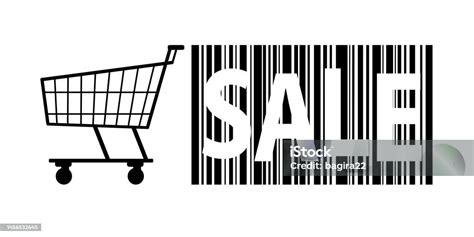 단색 라벨 또는 바코드가있는 스티커 바코드 아이콘 실루엣 쇼핑 트롤리 및 비문 판매 할인 프로모션 표시 흰색으로 격리 가로