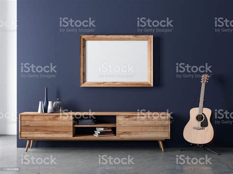 어두운 파란색 벽에 매달려 나무 수평 프레임 포스터 이랑 0명에 대한 스톡 사진 및 기타 이미지 0명 3차원 형태 가구 Istock