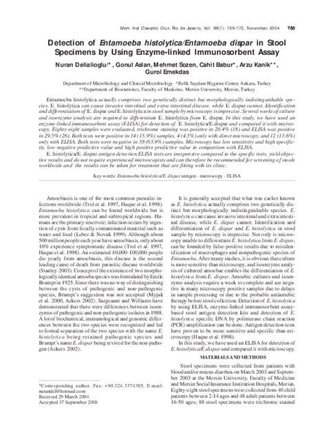 Pdf Detection Of Entamoeba Histolyticaentamoeba Dispar In Stool Specimens By Using Enzyme