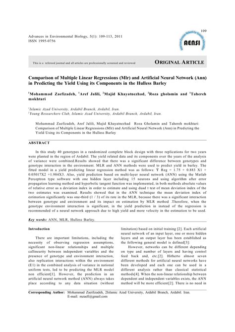 Pdf Comparison Of Multiple Linear Regressions And Artificial Neural