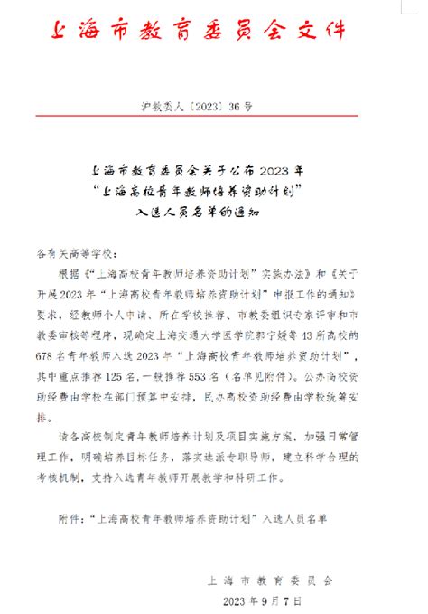 我院6名教师入选2023年上海高校青年教师培养资助计划！