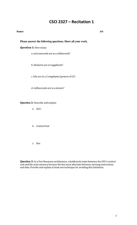 CSCI 2327 Recitation 1 1 CSCI 2327 Recitation 1 Name A Please