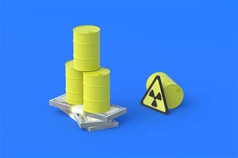 독성 물질 돈 및 방사선 표지판이있는 배럴 방사성 원소 연료를 구입 판매 폐기 비용 위험한 폐기물의 저장 수익성 원자력 발전소의 수입 3d 렌더 강철에 대한 스톡 사진 및