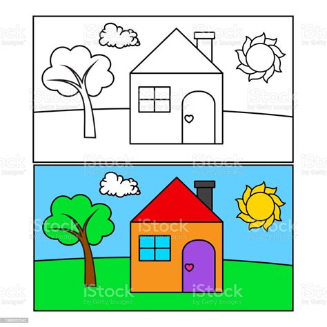 Dessin Denfant Avec Le Soleil De La Maison Et Larbre Illustration