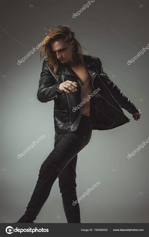 Shirtless Man Posing Black Jeans Leather Jacket Isolated Grey Stock