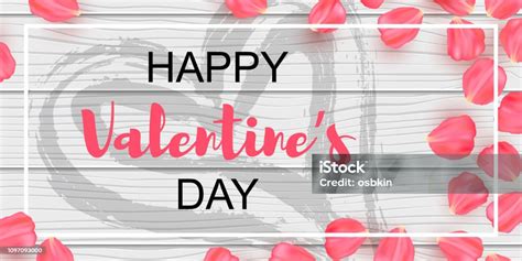 벡터 일러스트입니다 흰색 나무 질감에 장미 꽃잎과 함께 해피 발렌타인의 날 발렌타인 데이 대 한 축 하 카드입니다 꽃 요소와