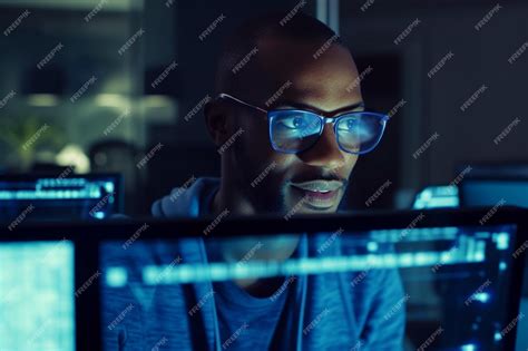 Programmer black man and code reflection in glasses cyber security and hacking in workplace ...