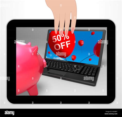Fifty Percent Off Laptop Displaying Half Price Savings Stock Photo Alamy