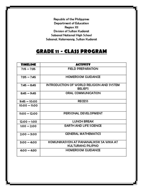 Grade 11 Class Program Timeline Activity Pdf