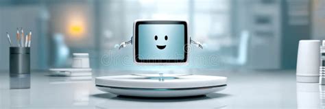 Floating Robotic Assistant Cheerful Face Interactive Screen Modern