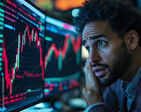 A Worried Stock Trader Sweat Dripping Down His Face Facing A Monitor