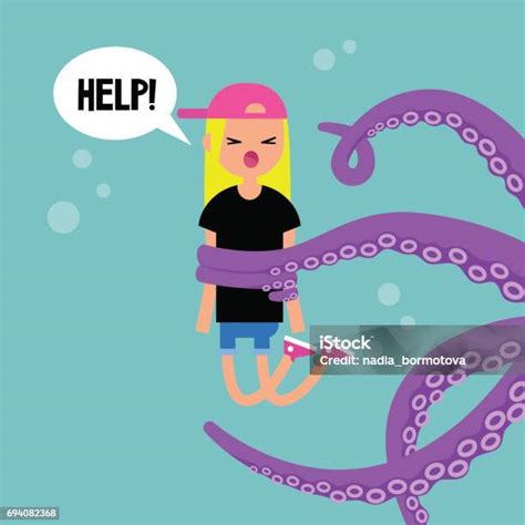 젊은 여성 캐릭터 문 어 평면 편집 가능한 공격 소리 그림 클립 아트 벡터 몬스터에 대한 스톡 벡터 아트 및 기타 이미지
