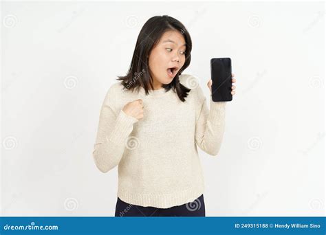 Showing On Blank Smartphone Screen Of Beautiful Asian Woman Isolated On