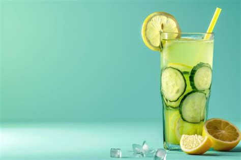 Refreshing Glass Of Cucumber And Lemonade With Ice Cubes Premium Ai