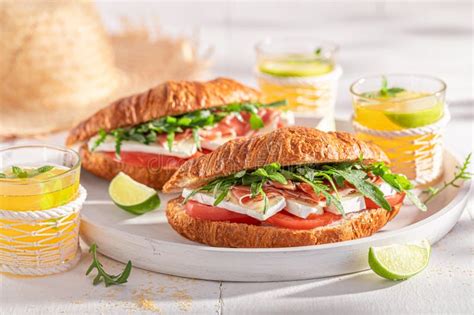 Delicious And Golden French Croissant With Camembert Prosciutto And