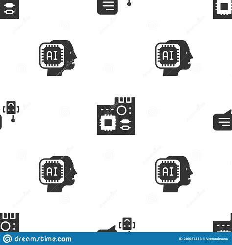 Set Bot Motherboard Digital Chip And Humanoid Robot On Seamless