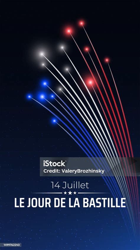 프랑스의 7월 14일 바스티유 데이 배너 어두운 하늘 배경에 프랑스의 화려한 불꽃놀이가 있는 템플릿 불꽃놀이 프랑스 국기 프랑스 국경일 벡터 번역 7 월 14 일 바스티유