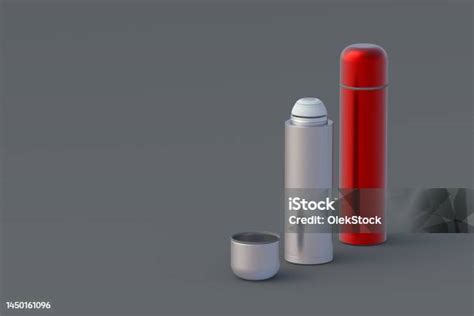 회색 배경에 보온병 금속 열 플라스크 텍스트를 위한 공간입니다 3d 렌더링 0명에 대한 스톡 사진 및 기타 이미지 0명 3차원 형태 강철 Istock