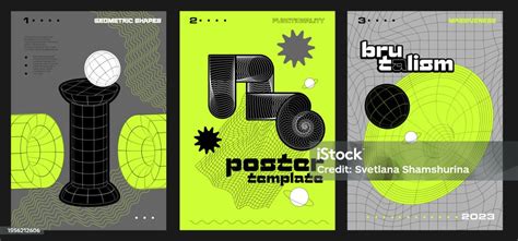 잔혹한 스타일의 A4 포스터 세트 이상한 와이어프레임 잔인함 기하학적 철망 모양의 그래픽 자산이 있는 미래 지향적인 미니멀리즘 복고풍 수직 배너 벡터 그림입니다 깔때기에