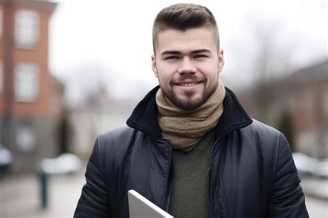 Portrait Of A Happy Young Man Standing Outside With His Laptop Created