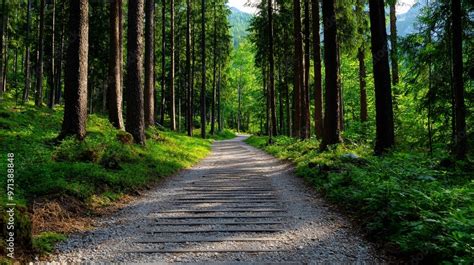 Serene Black And White Forest With Tall Trees And Winding Path Line