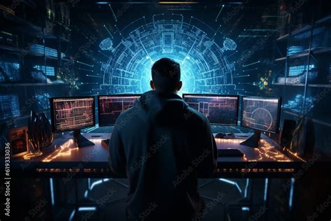 Hacker Front Of His Computer Committing Digital Cybercrime Data Fraud Background Concept