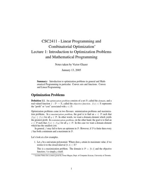 Csc2411 Linear Programming And Combinatorial Optimization Lecture 1 Introduction To